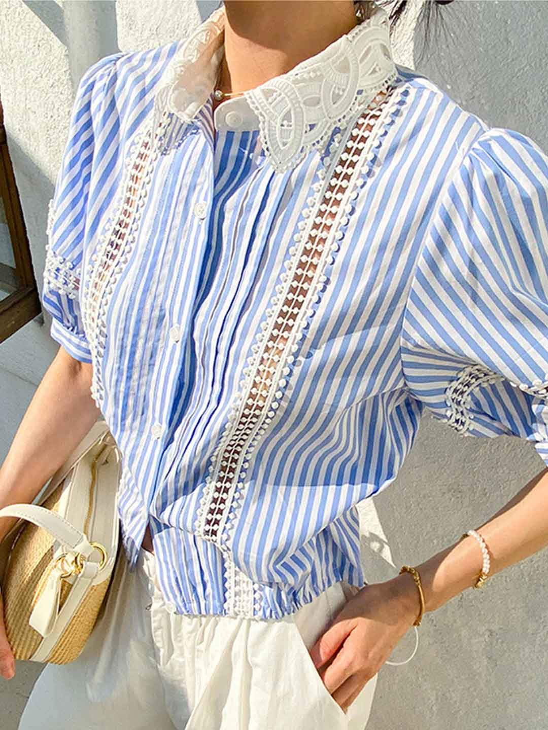 Destiny Daily Puff Sleeve Hollowed Striped Shirt – Smile just love