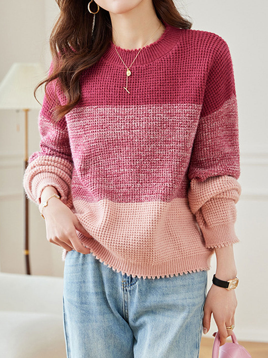 Rachel Loose Crew Neck Ombre Knitted Sweater – Smile just love