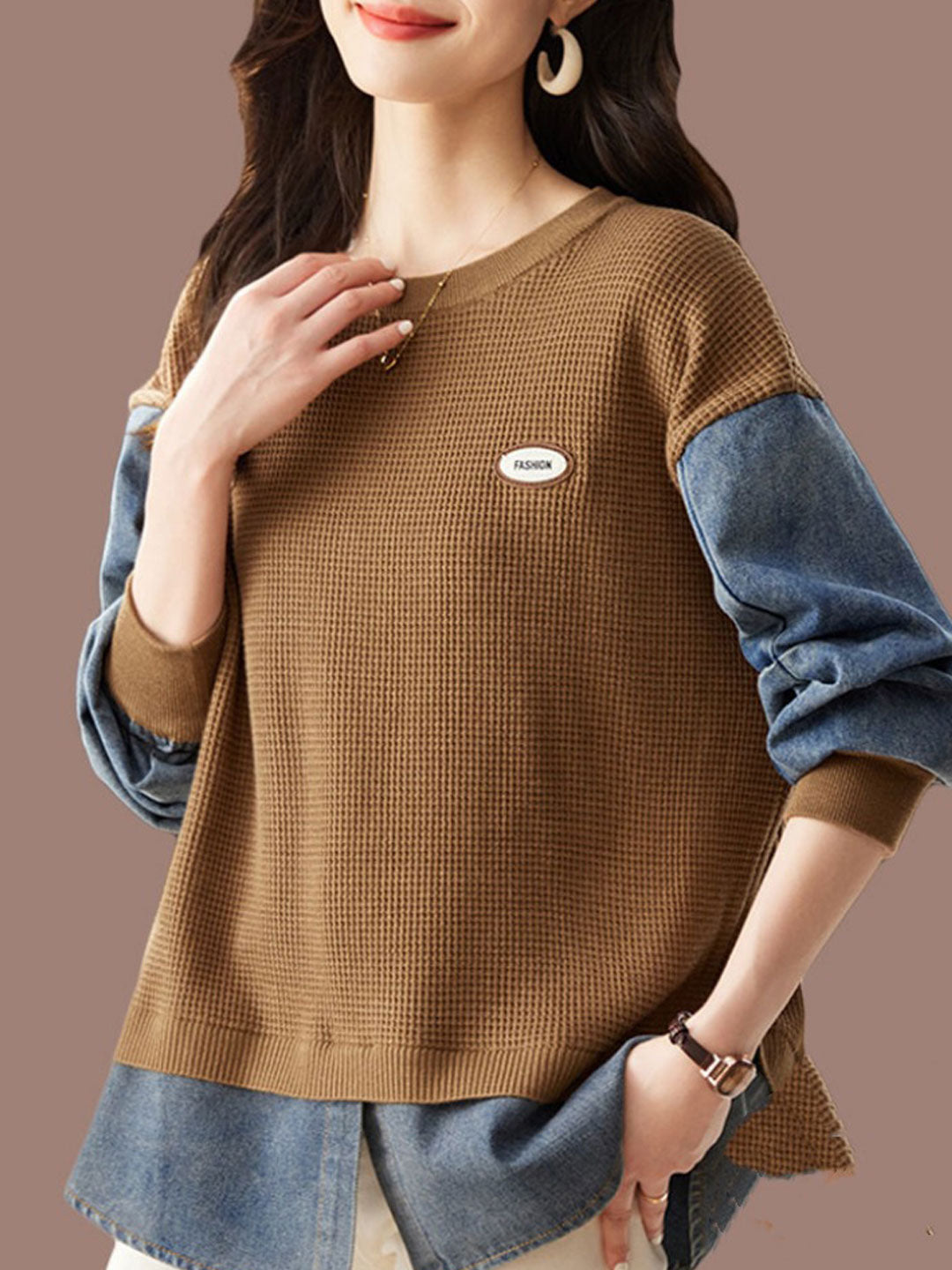 Destiny Loose Denim Stitching Knitted Sweatshirt – Smile just love
